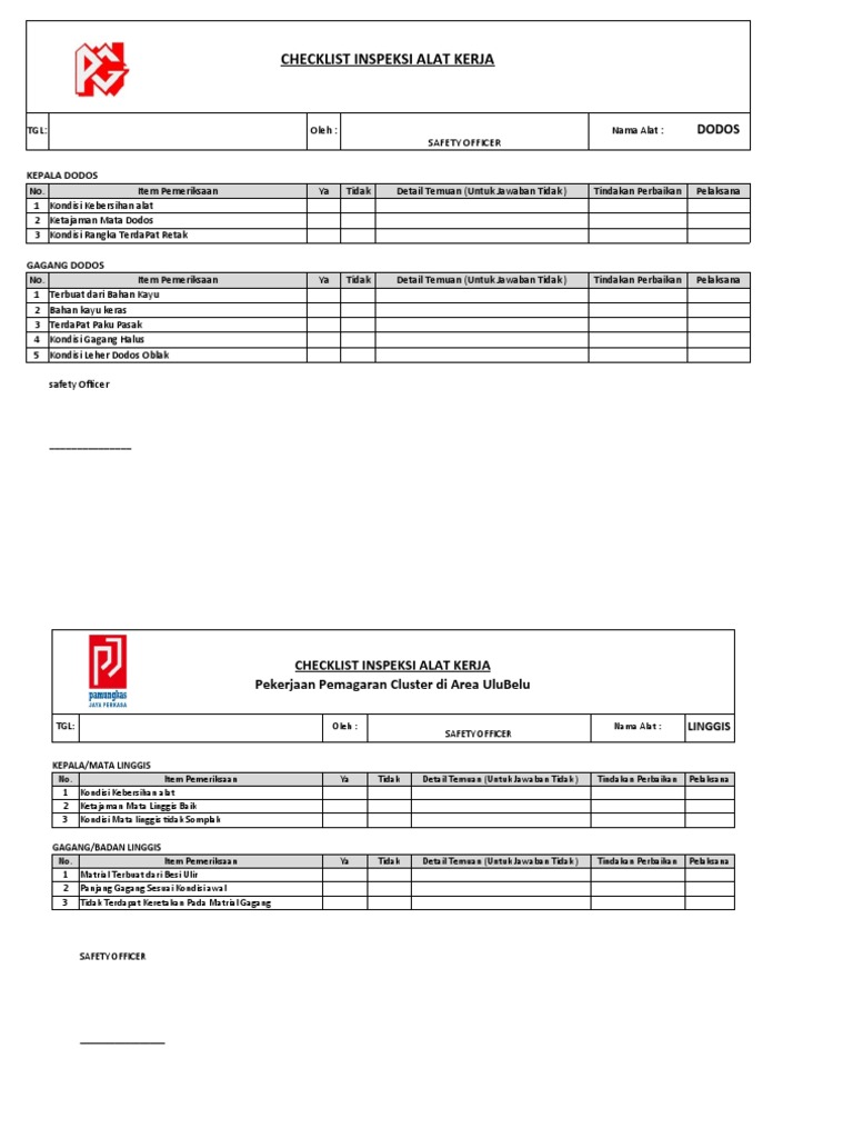 Form Inspeksi Alat Kerja PNG | PDF
