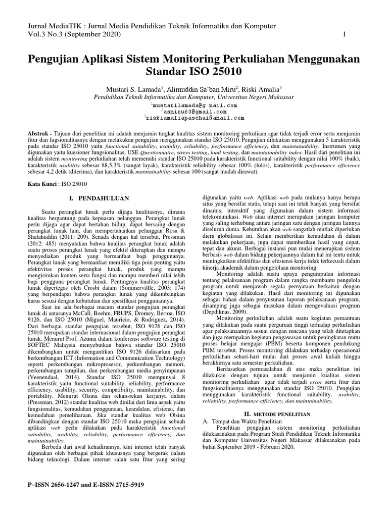 Pengujian Aplikasi Sistem Monitoring Perkuliahan Menggunakan Standar ISO 25010 | PDF
