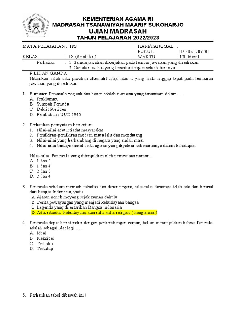 Soal PKN Um Tp. 2022-2023 | PDF