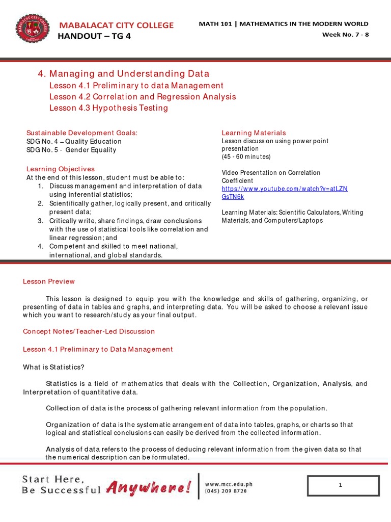 MATH 101-WEEK 7-8-HANDOUT-Managing and Understanding Data | PDF ...