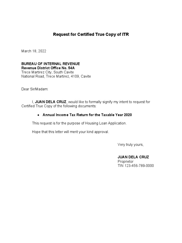 Request for Certified True Copy of ITR | PDF