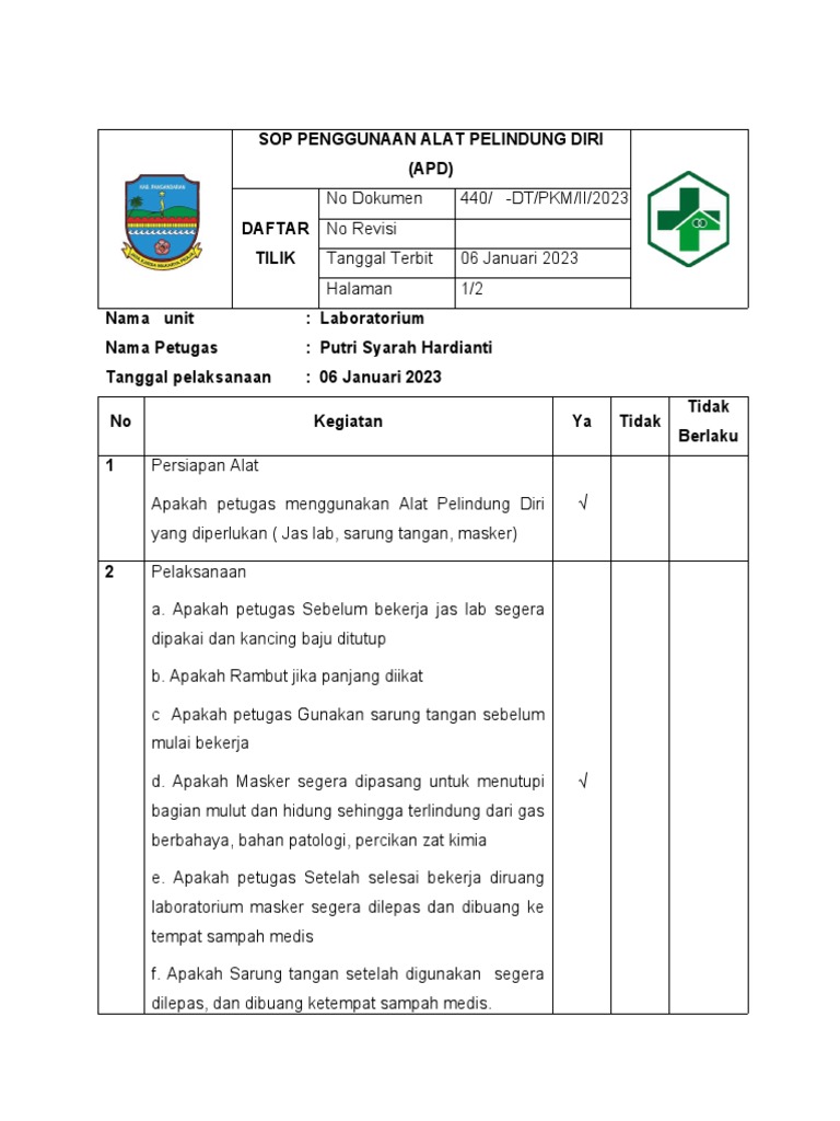 Daftil Apd - Penggunaan Alat Pelindung Diri (Apd) Bagi Petugas ...