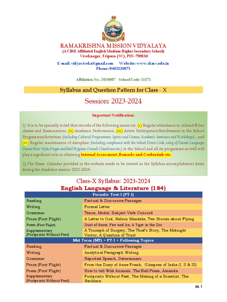 Class X Syllabus & Exam Pattern 2023-24 | PDF | Poetry | Multiple Choice