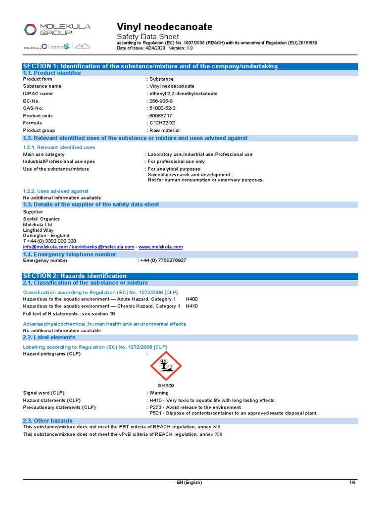 Safety Data Sheet - en - (89988717) Vinyl Neodecanoate (51000-52-3) | Download Free PDF ...