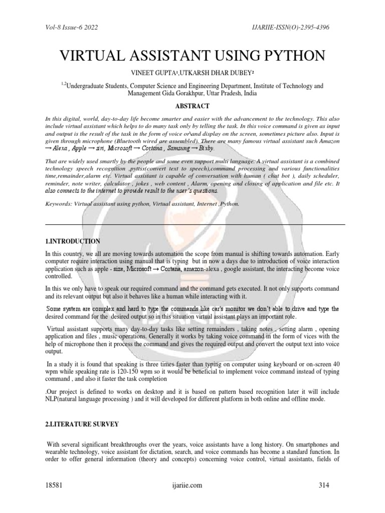 Virtual Assistant Using Python Ijariie18581 | PDF | Speech Recognition | Computing