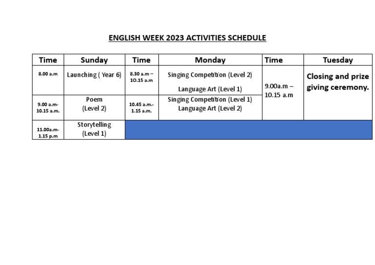 English Week 2023 Schedule | PDF