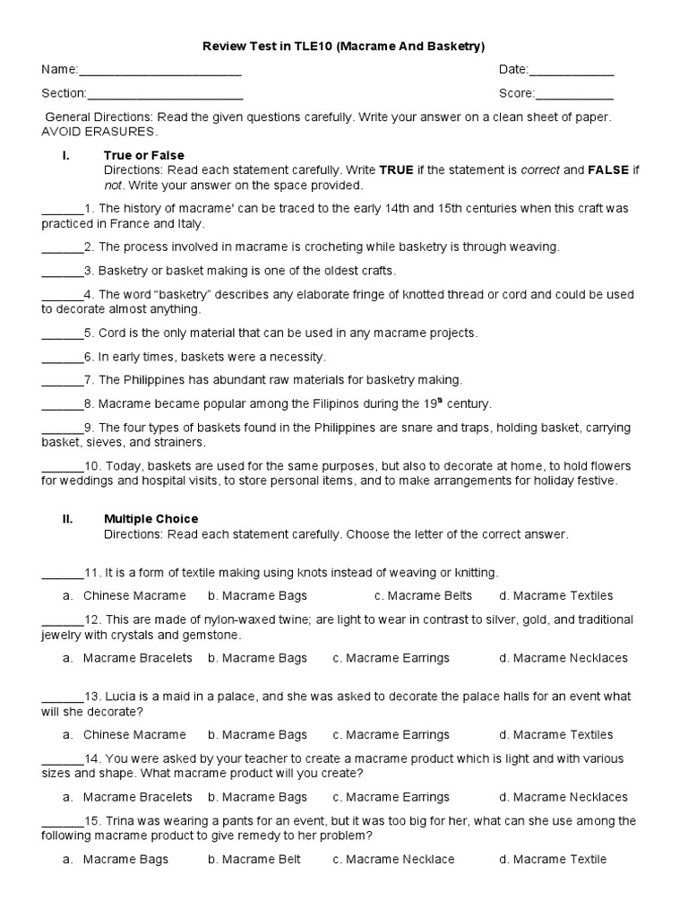 First Periodical Test in Tle 10 | PDF | Basket Weaving | Knot First Periodical Test in Tle 10 | PDF | Basket Weaving | Knot