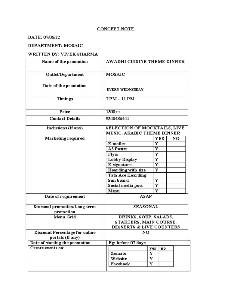 Awadhi Dinner Nights at Mosaic | PDF