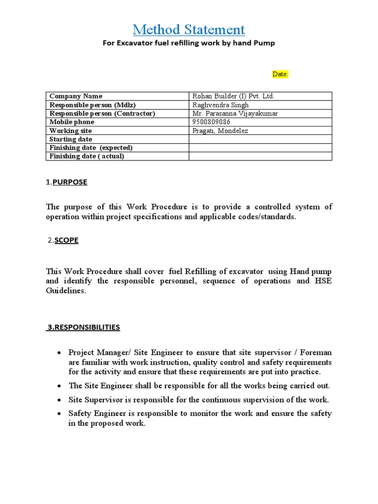 MS for Excavator Fuel Refiling | PDF