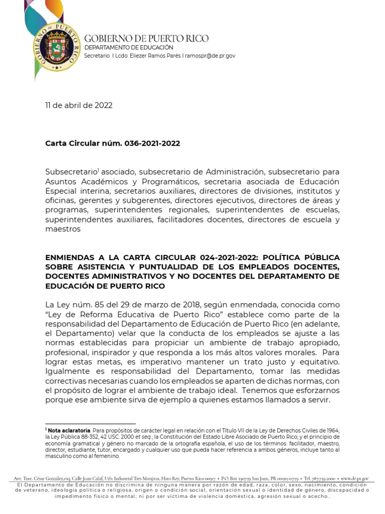 CARTA CIRCULAR Asistencia y Puntualidad | PDF | Puerto Rico | Gestión ...