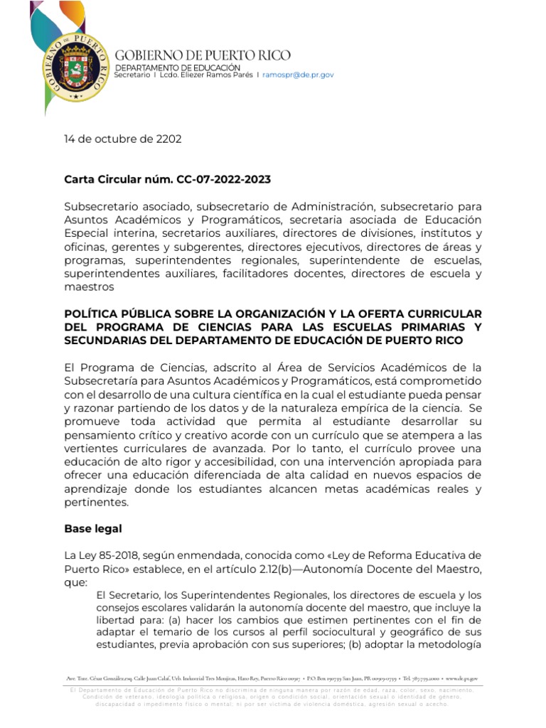 Carta Circular Ciencias | PDF | Plan de estudios | Educación primaria