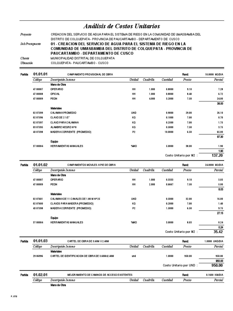 Analisis de Costos Unitarios - A | PDF | Construyendo tecnología | Ingeniero civil