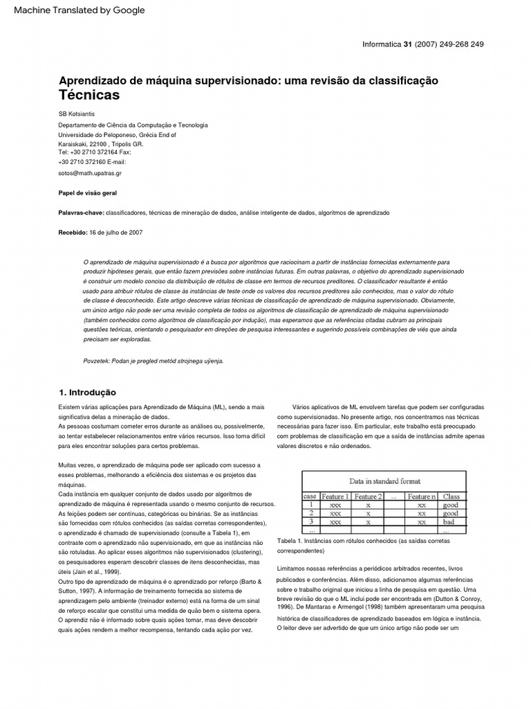 Supervised Learning (SB Kotsiantis) | PDF | Aprendizado de máquina | Significado estatístico