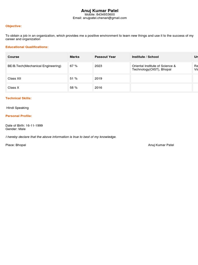 Anuj Kumar Patel: Course Marks Passout Year Institute / School ...