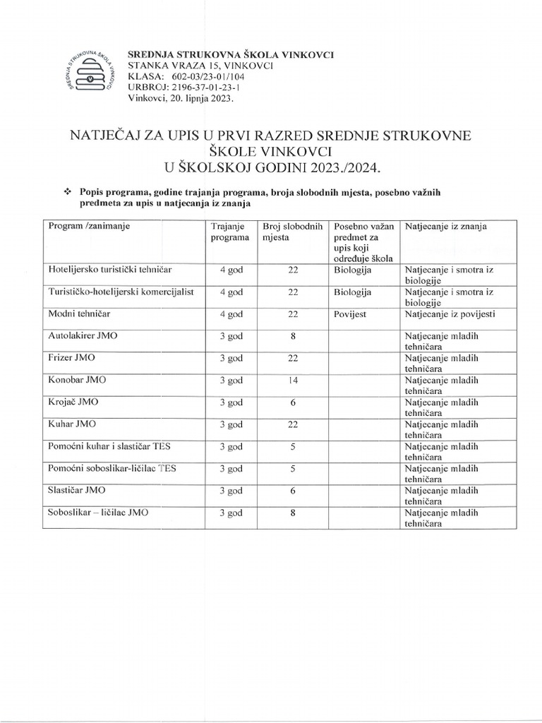 natjecaj za upis u 1 | PDF