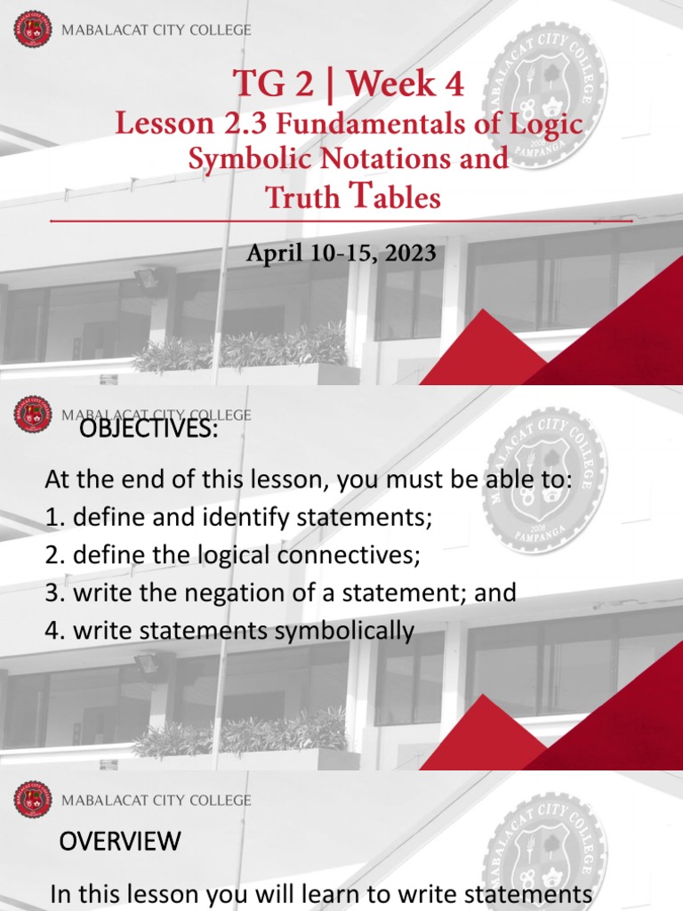 MATH 101 Week 4 Lesson 2.3 Symbolic Notations and Truth Tables | PDF