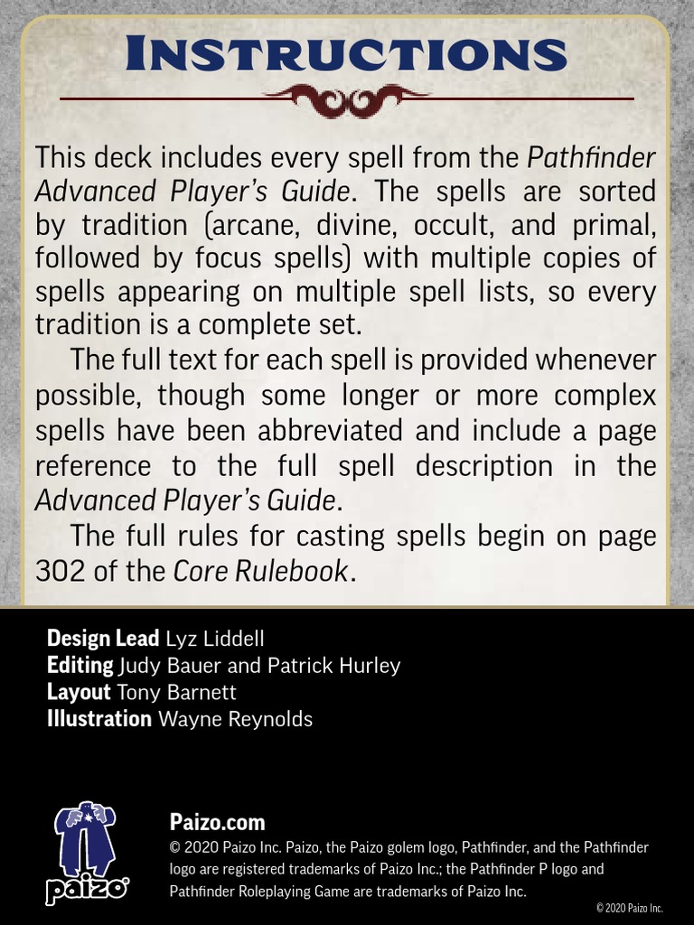 PZO2221 Pathfinder 2E Advanced Player's Guide Spell Cards | PDF ...