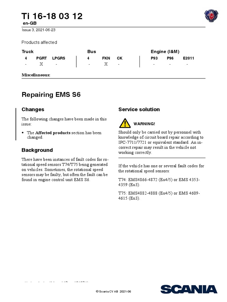 EMS S6 Repair for Scania T74/T75 Sensors | PDF