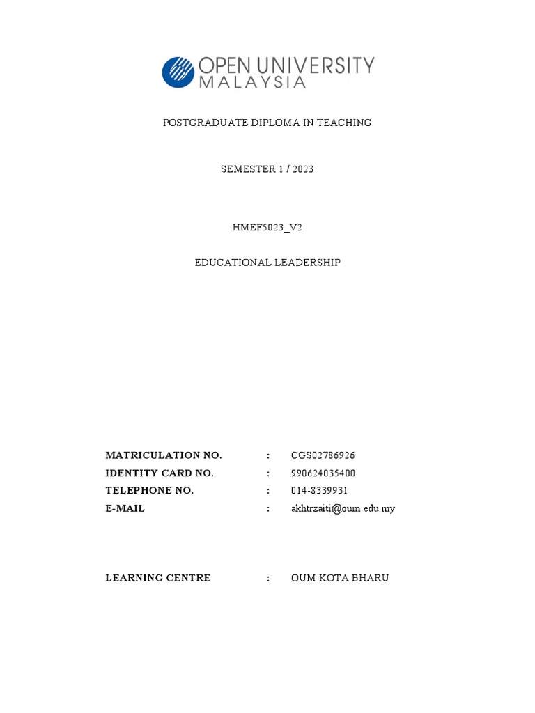 Akhtar Zaiti Binti Azizi (CGS02786926) - Assignment Hmef5023 - V2 | PDF | Teachers | Leadership