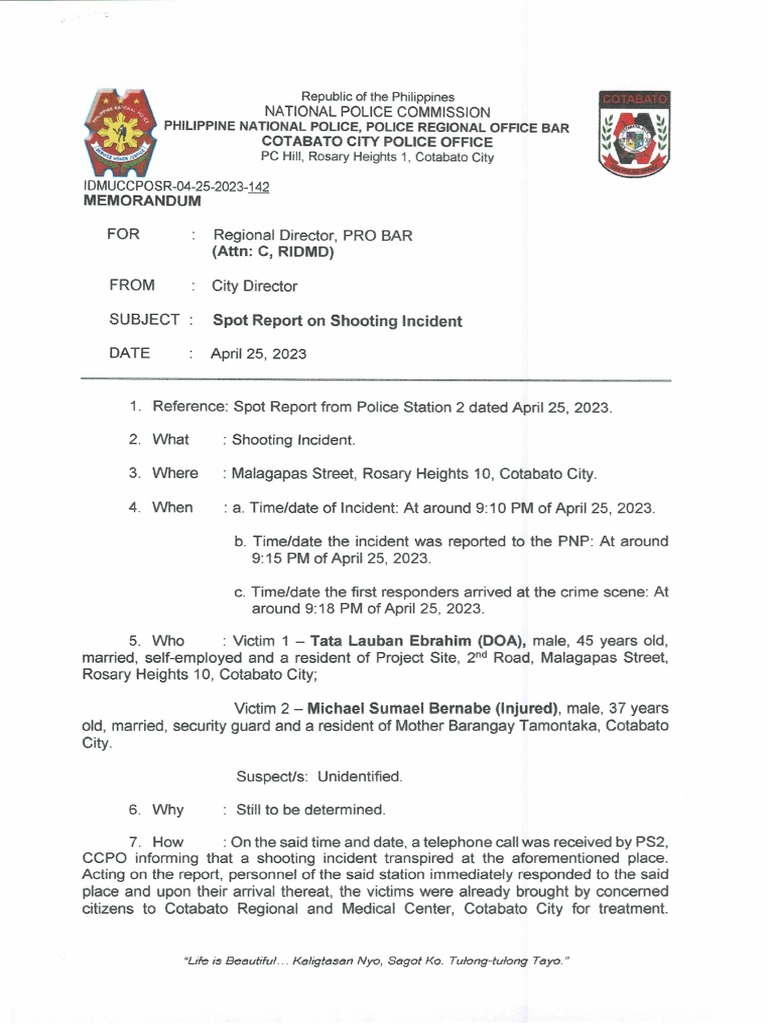 Spot Report On Shooting Incident (Victims Tata Lauban Ebrahim and Michael Sumael Bernabe) | PDF