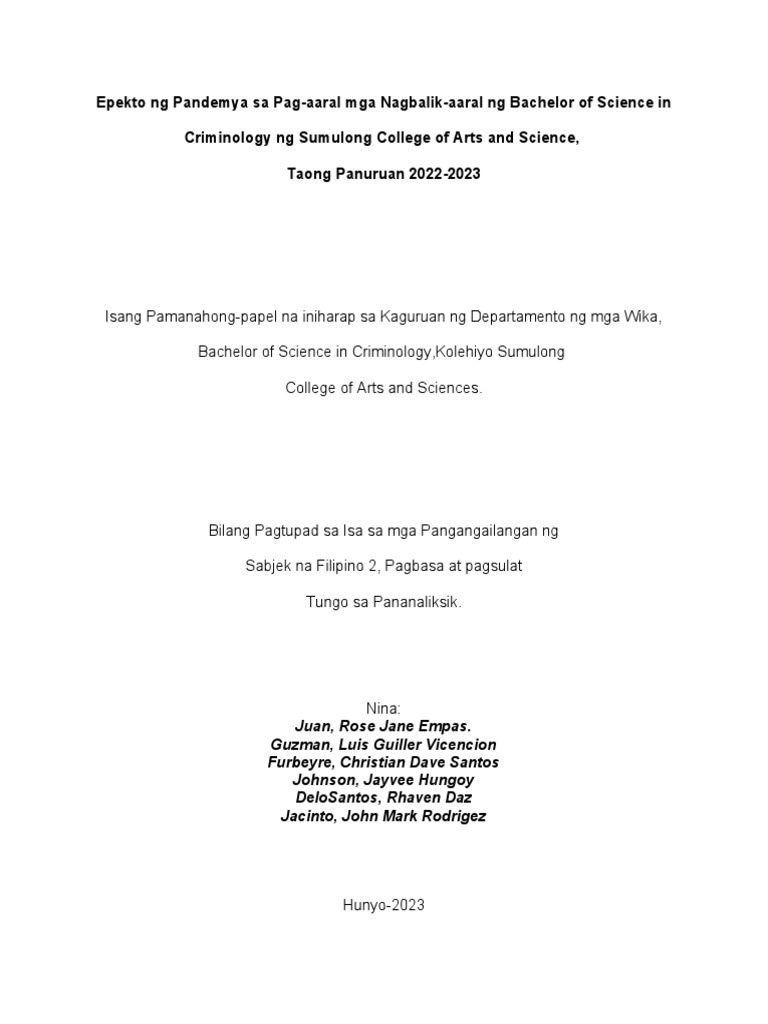 Epekto NG Pandemya Sa Pag jsunHG | PDF
