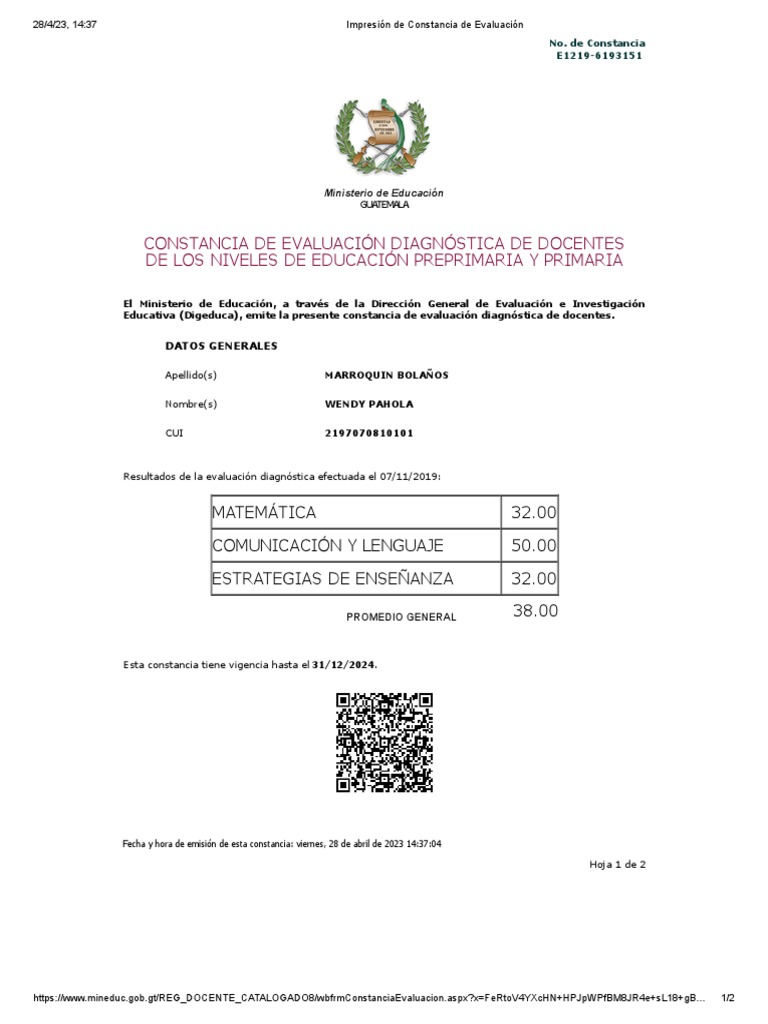 Impresión de Constancia de Evaluación | PDF | Evaluación | Cognición