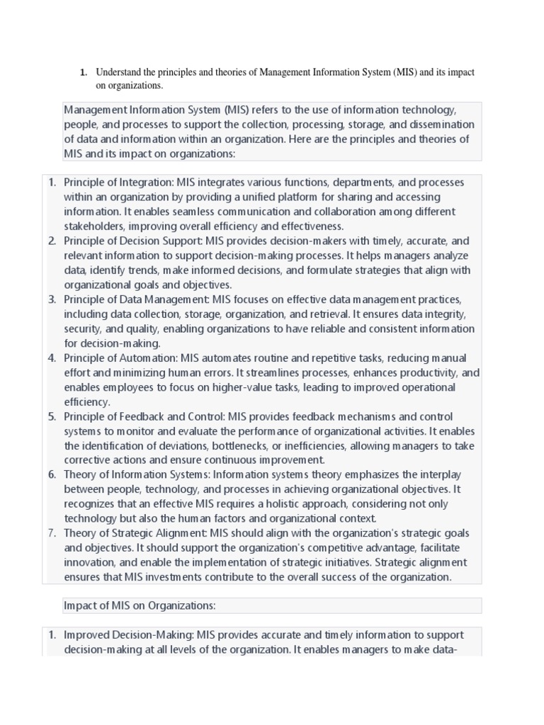 Understand The Principles and Theories of Management Information System (MIS) and Its Impact On ...