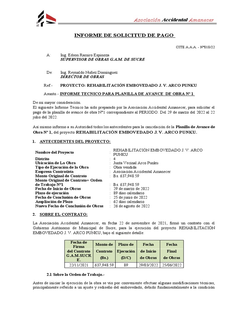 informe solicitud de pago Arco Punku | PDF