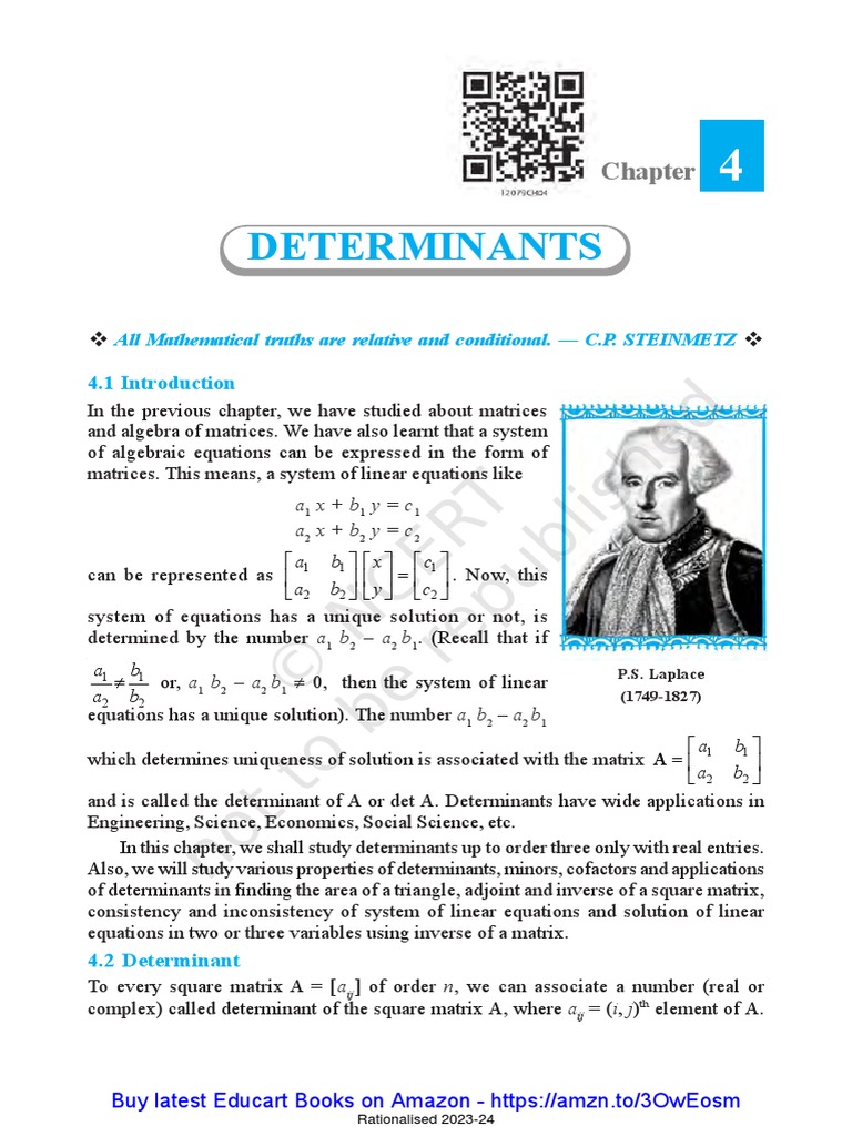 Ch-4 DETERMINANTS | Download Free PDF | Matrix (Mathematics) | Determinant