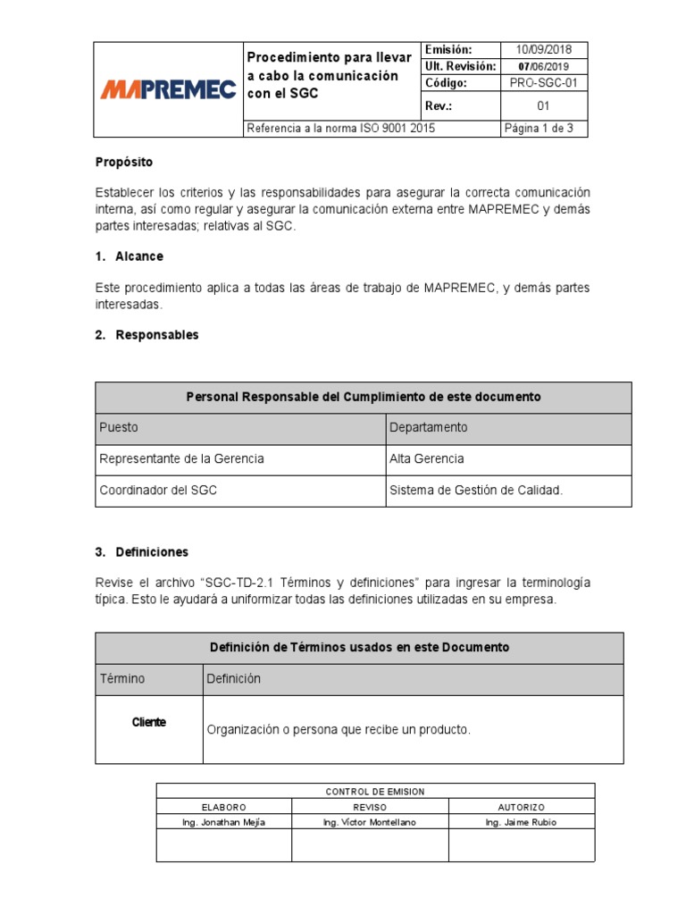 Pro-Sgc-01 (Comunicacion Del SGC) | PDF | Sistema de manejo de calidad ...