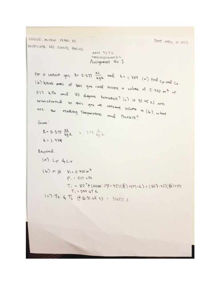 SEQUIO Ass 2 Midterm Thermodynamics | PDF SEQUIO Ass 2 Midterm Thermodynamics | PDF