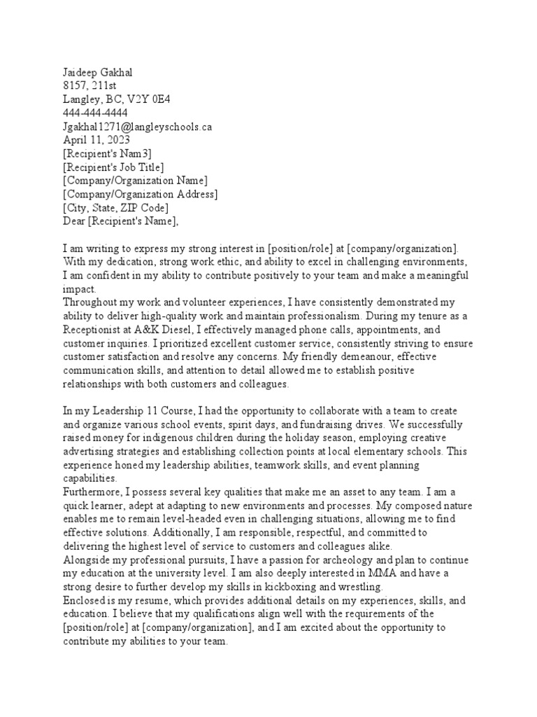 Cover Letter | PDF | Leadership | Business