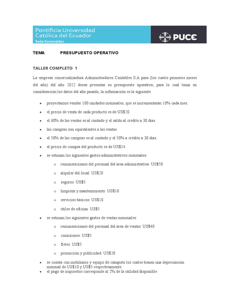 Ejercicio de Presupuesto Operativo | PDF | Presupuesto | Economias