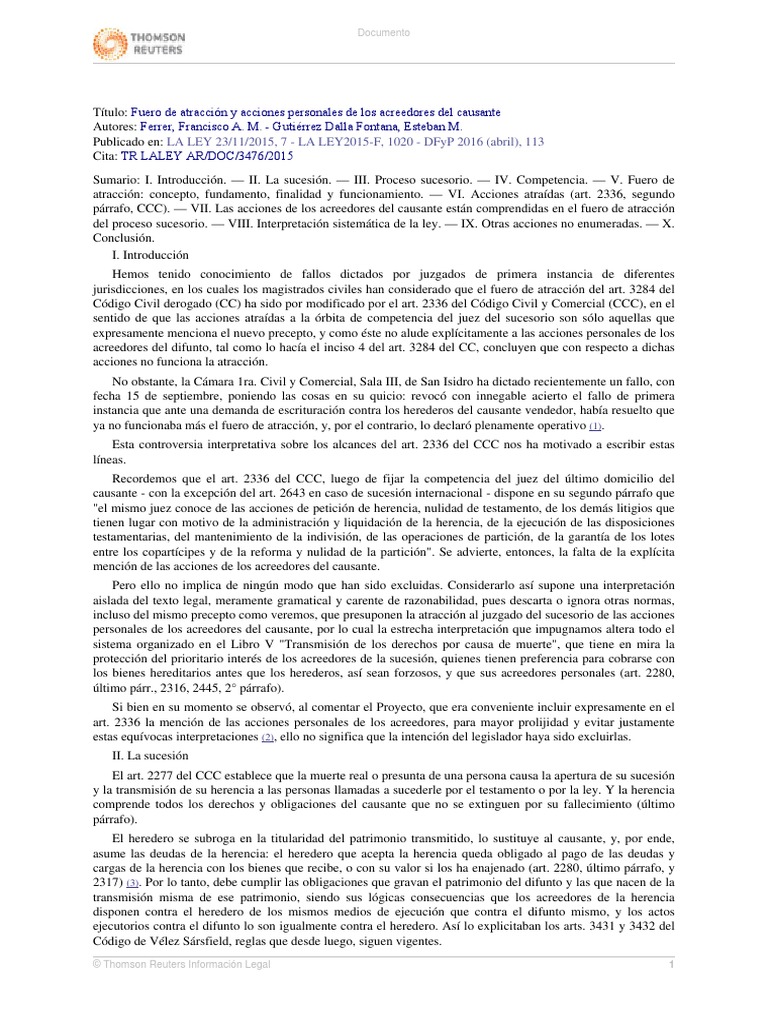 FERRER, Francisco A. M. - GUTIÉRREZ DALLA FONTANA, Esteban M., Fuero de Atracción y Acciones ...
