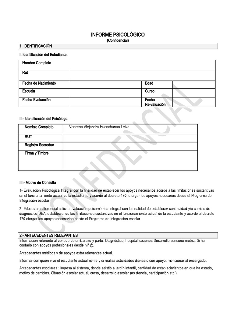 Formato Tipo Informe Psicológico Di - Fil | PDF | Evaluación | Cociente ...