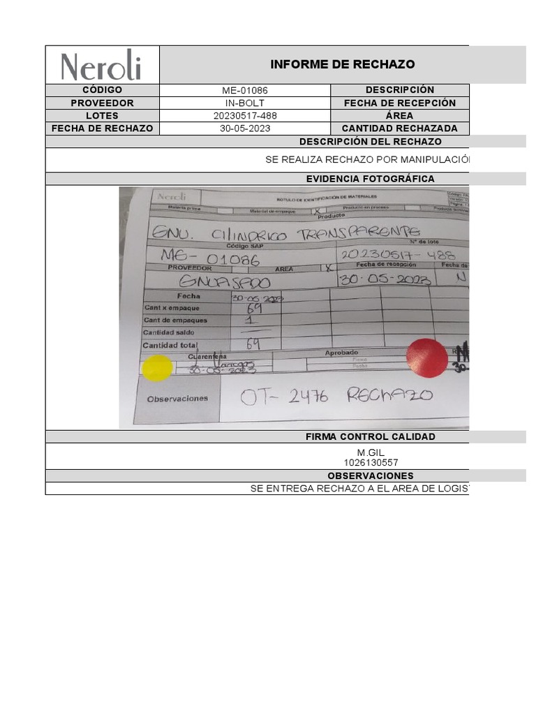 Informe de Rechazo Ot-2476 | PDF