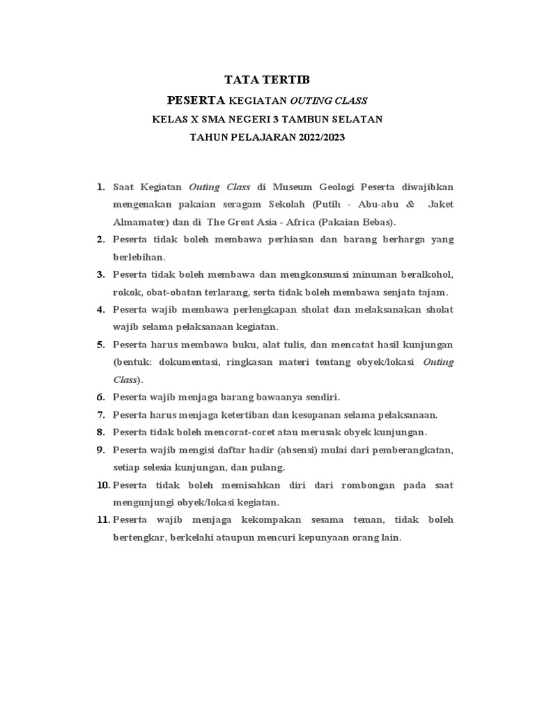 Tata Tertib Kegiatan Outing Class | PDF