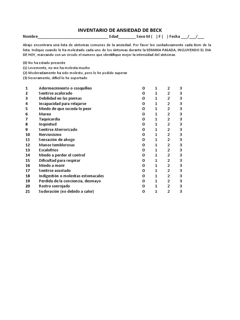 Inventario de Ansiedad de Beck (BAI) | PDF | Ansiedad | Enfermedades y ...