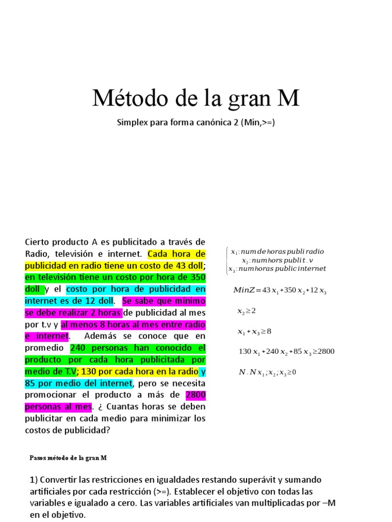 Método de La Gran M | Descargar gratis PDF | Matemáticas Aplicadas | Algoritmos