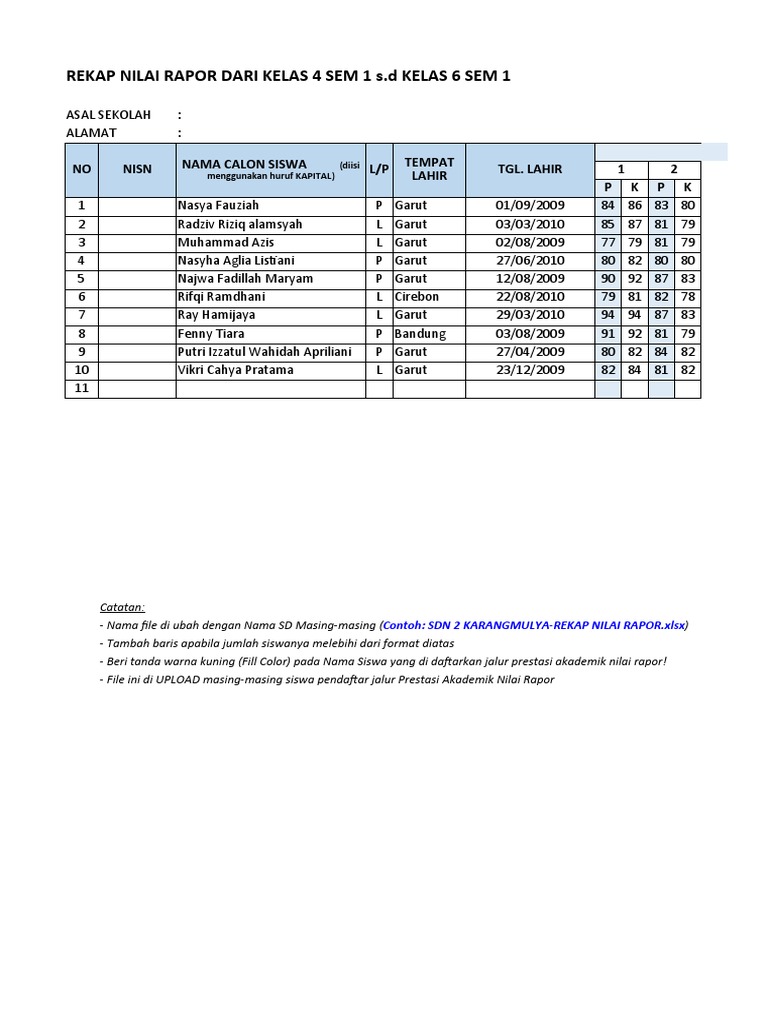 NAMA SD-REKAP NILAI RAPOR | PDF