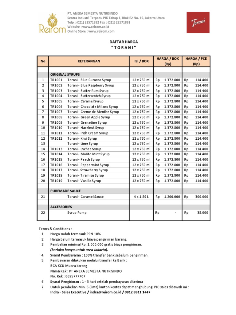 Daftar Harga Sirup Torani 2023 | PDF