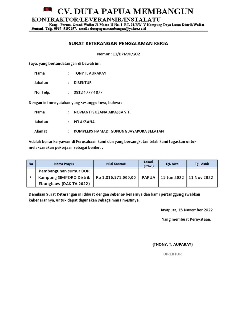 Pengalaman Kerja Novianti Suzana di CV. Duta Papua Membangun | PDF