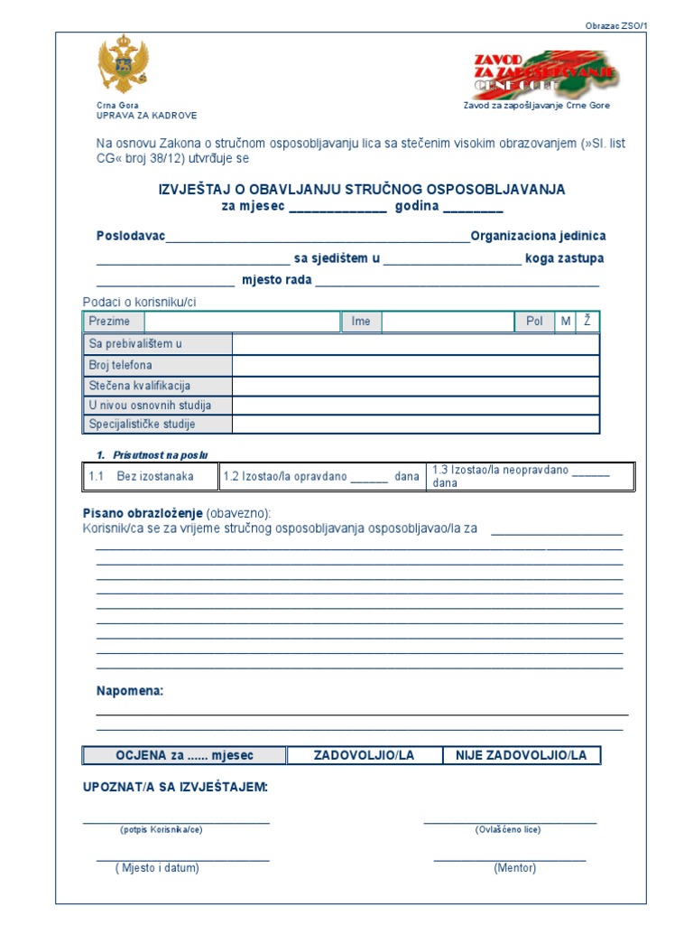 Izvještaj o Obavljanju Stručnog Osposobljavanja | PDF