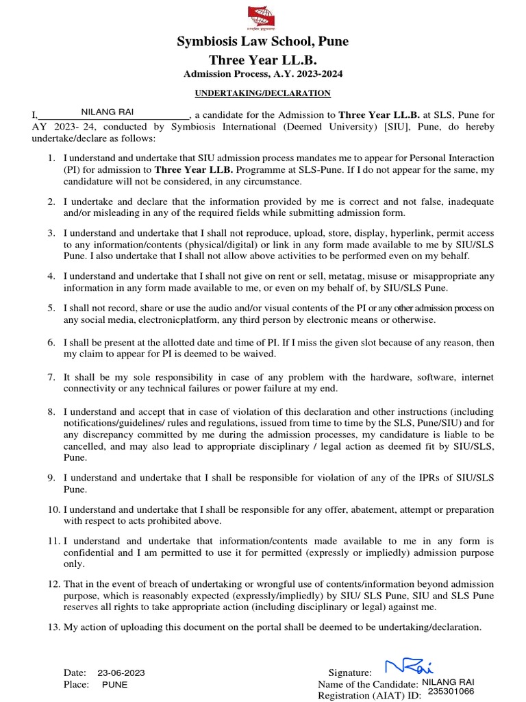 Declaration Cum Undertaking For Online Admission | PDF | Justice | Crime & Violence