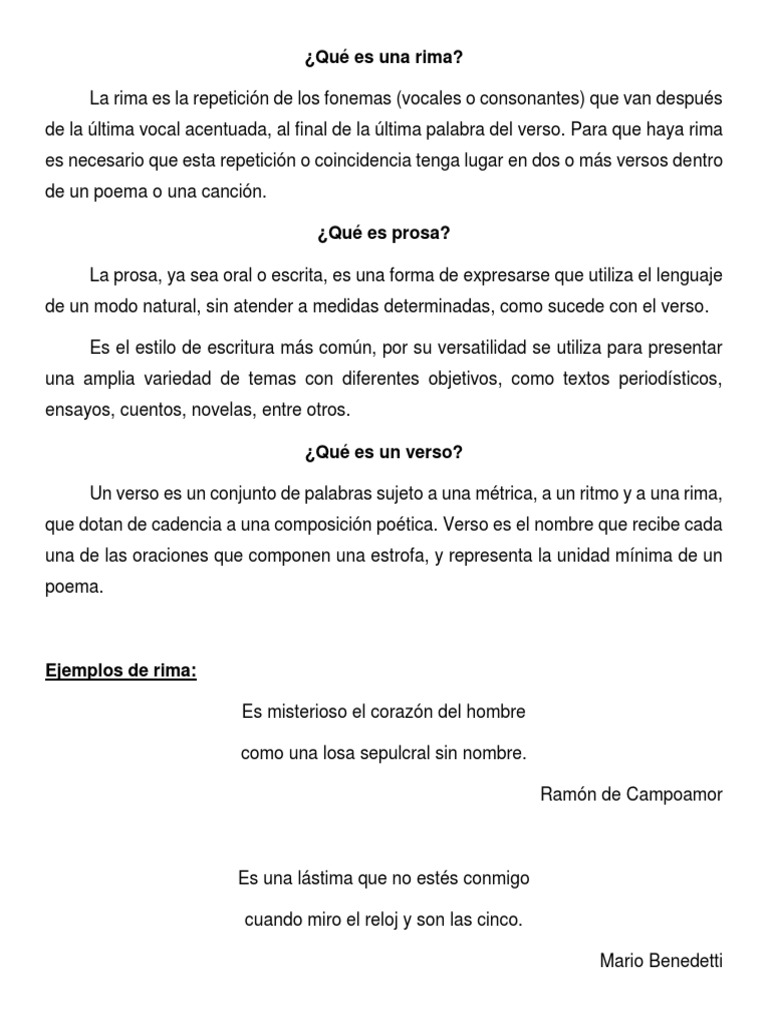 Rima, Prosa y Verso: Definiciones y Ejemplos | PDF | Poesía | Rima
