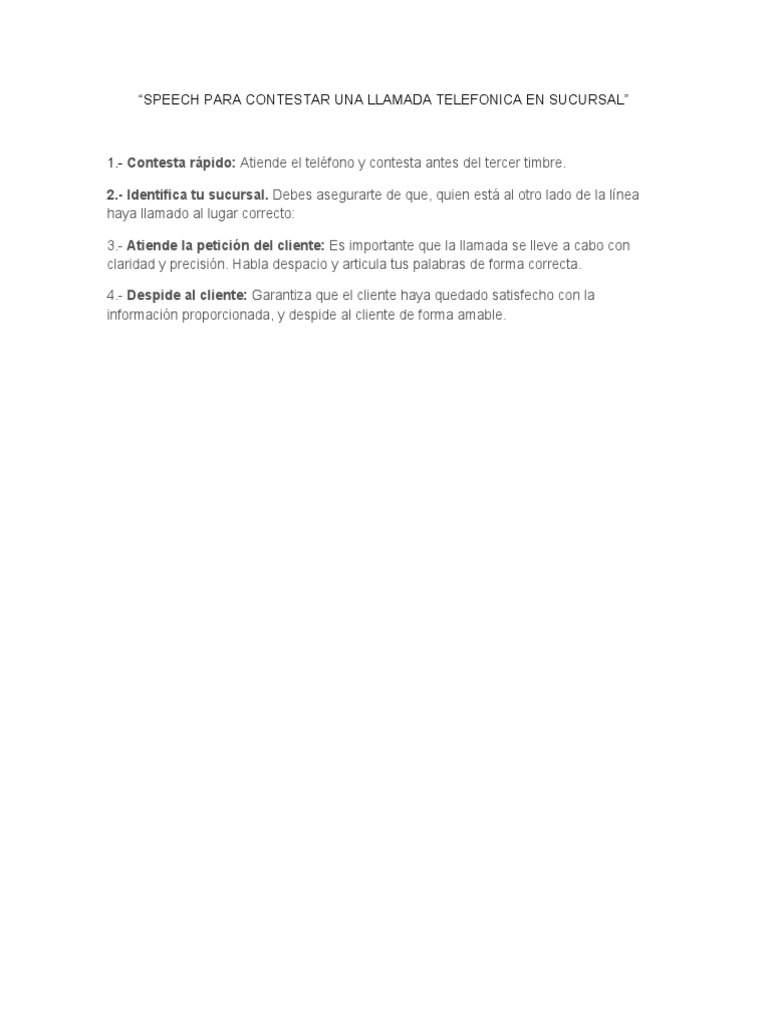 Speech para Contestar Una Llamada Telefonica en Sucursal | PDF