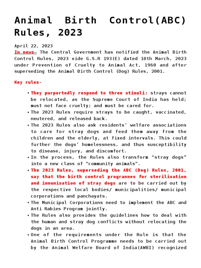 Animal Birth Control Rules 2023 Overview | PDF