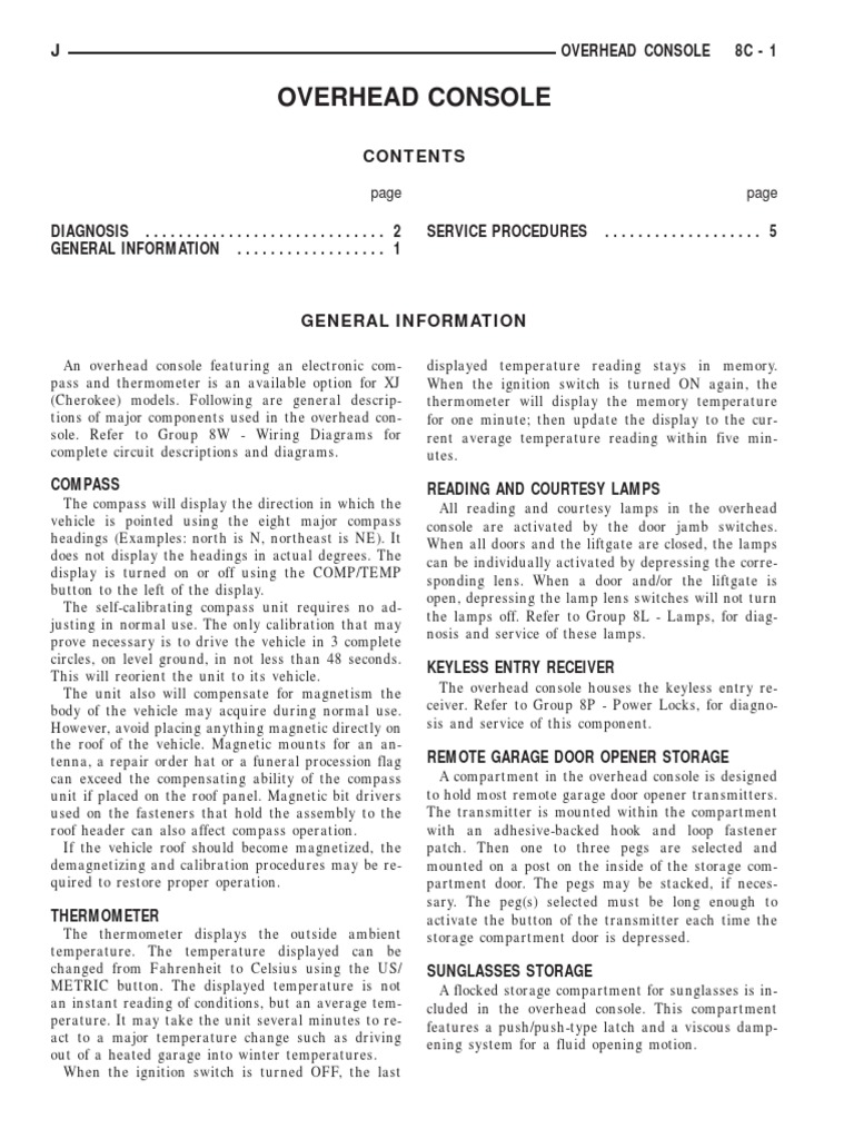 97XJ Jeep Cherokee Overhead Console Guide | PDF | Compass ...