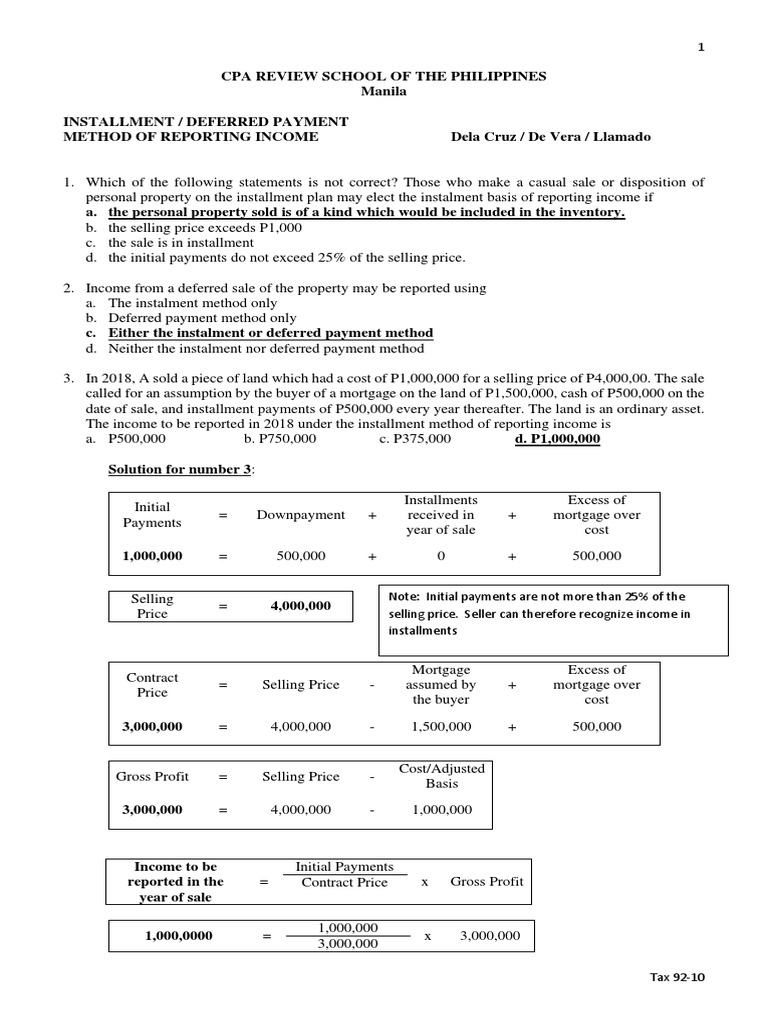 92-10 Installment and Deferred Payment Method of Reporting Income | PDF | Prices | Gross Income