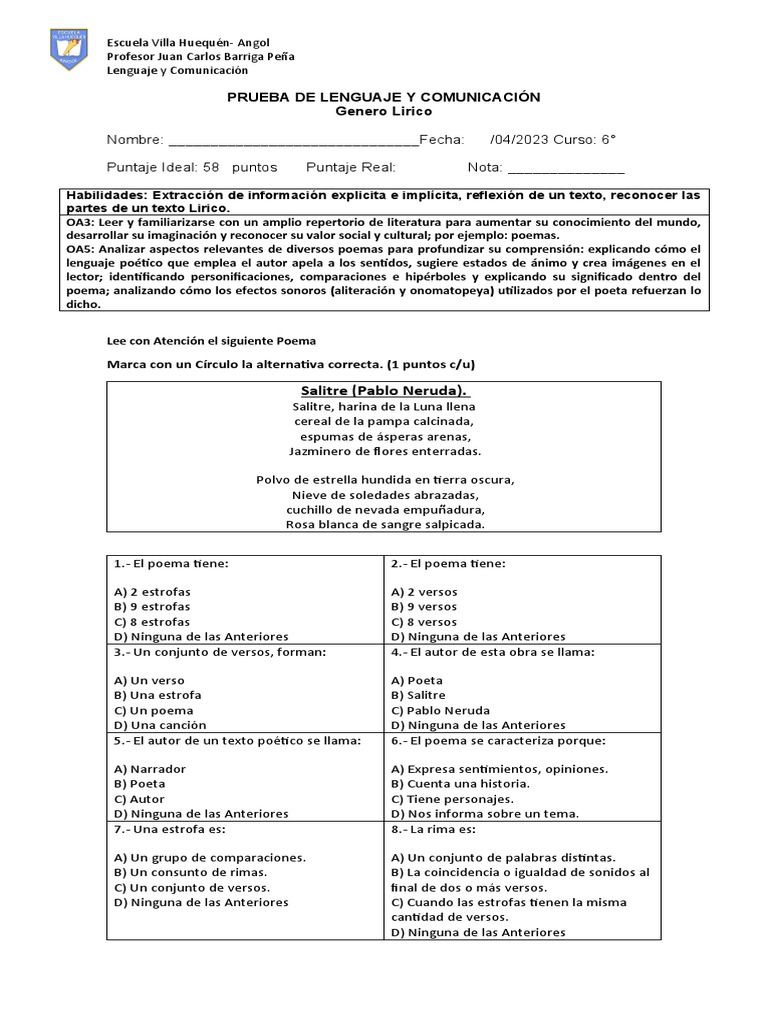 Prueba (Figuras Literarias y Lenguaje Figurado) | PDF | Poesía